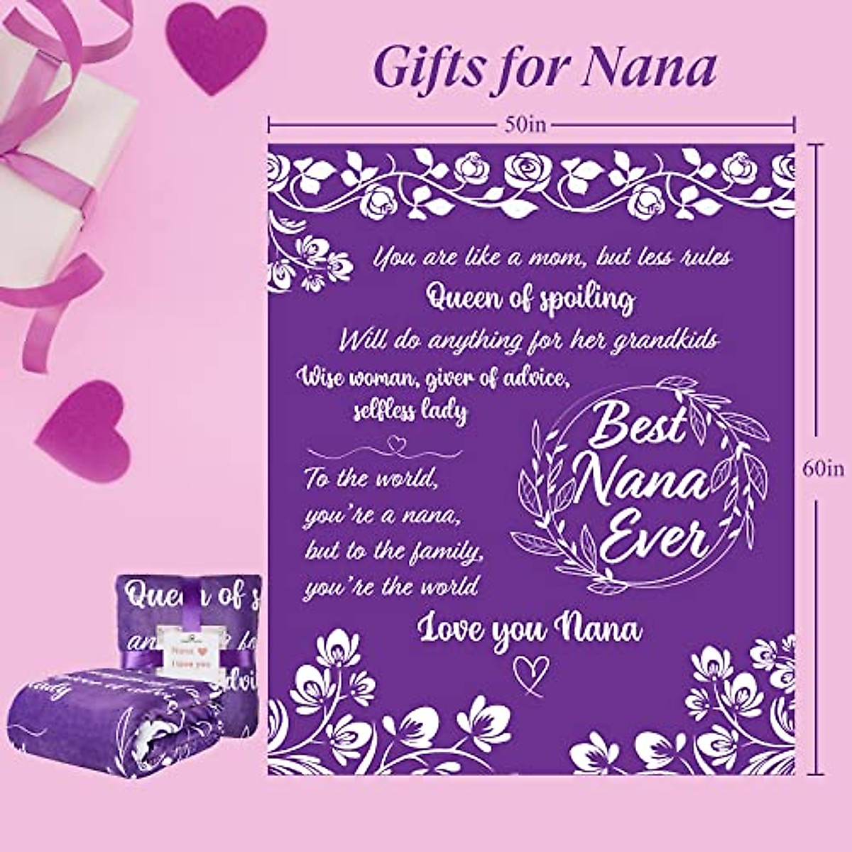 mami home Best Nana Ever Blanket Gift - Wonderful Blankets for Granny with Thick Double Layered Fleece and Sherpa Blanket Fabric | Wholesome I Love You Nana Gifts from Grandchildren Purple 50x60