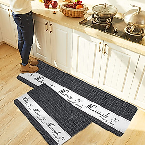 Live Love Laugh Grey Kitchen Rugs and Mats 2 Pieces Set, Gray Checkered Wall Art Modern Non Slip Floor Mat for Sink Laundry, Cushioned Anti-Fatigue Comfort Mat for Kitchen (24"x36"+20"x71")
