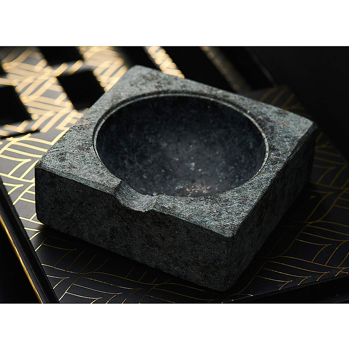 Whiskey Stones Gift Set with Cigar Cutter & Cigar Ashtray - 6 Handcrafted Round Stones, Presentation & Storage Tray - Luxurious Whiskey & Cigar Accessories Gold Foil Gift Box by R.O.C.K.S.