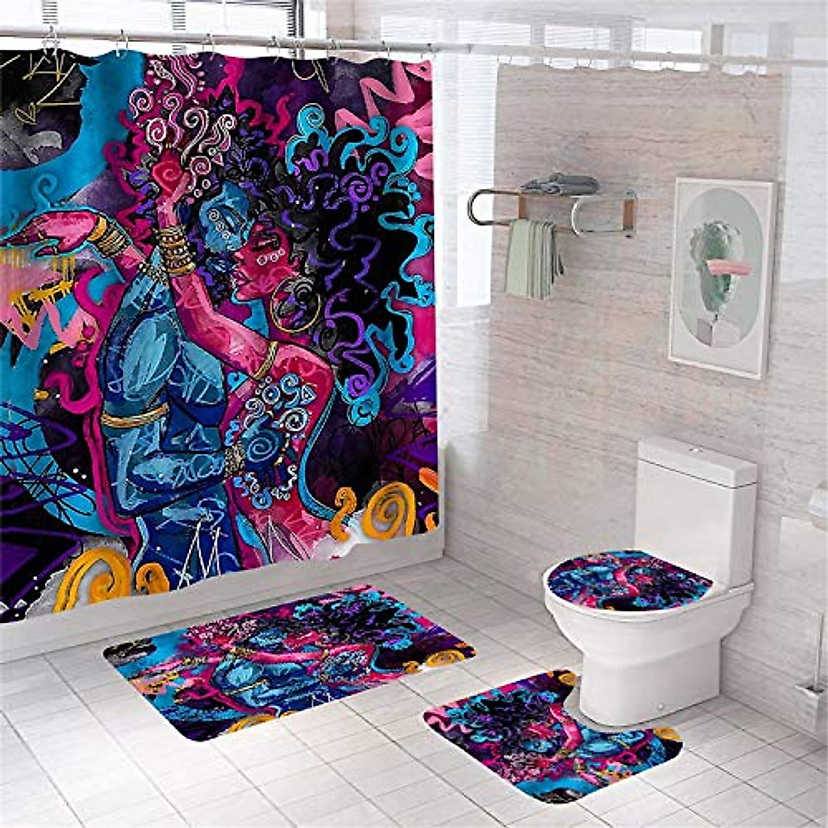 4Pcs Sets African American King&Queen Shower Curtain Met Set with Non-Slip Rugs, Toilet Lid Cover and Bath Mat,Shower Curtain with 12 Hooks, Durable Waterproof Shower Curtain