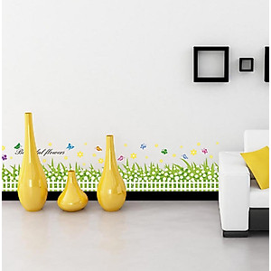 BIBITIME Garden White Fence Flower Green Grassland Borders Stickers Beautiful Butterfly Wall Decal for Kitchen Living Room Nursery Bedroom Kids Room Decor Home Art Mural