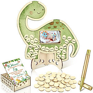 Wenqik 63 Pcs Baby Shower Guest Book Alternatives Set Baby Shower Guestbook with Photo Frame Baby Sonogram Frame Keepsake 60 Wood Slices Guest Book for Birthday(Dinosaur)