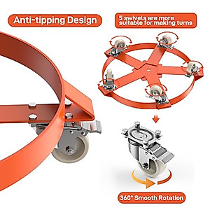 1250 LBS Capacity Drum Dolly, 55 Gallon Barrel Dolly with 5 Caster Wheels, Trash Can Dolly Non-tipping Hand, Orange Steel Frame Dolly