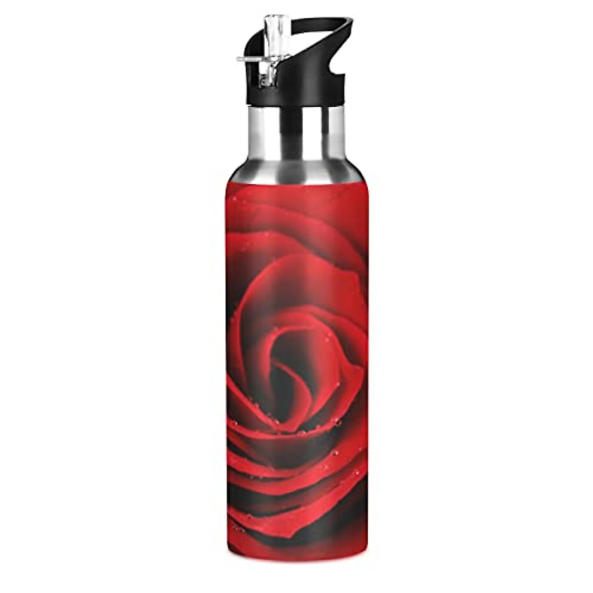 xigua Beautiful Romantic Red Rose Flower Stainless Steel Water Bottle with Straw Lid 22 oz,Thermo Mug,Metal Canteen,Double Wall Vacuum Insulated Leak Proof,Keep Liquids Hot or Cold