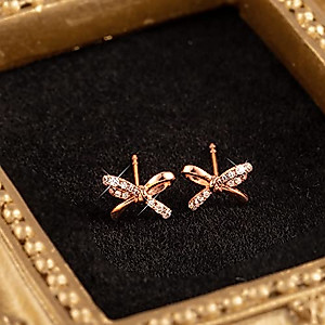 Solid 14K Rose Gold Bow Stud Earrings for Women Minimalist Delicate AAAAA CZ Small Studs Earrings Jewelry