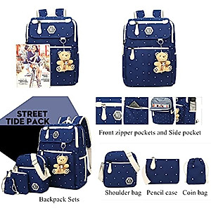 VIDOSCLA 3Pcs Wave Point Canvas School Bag Primary Student Backpack British Wind Elementary BookBag Bag Sets with Plush Doll