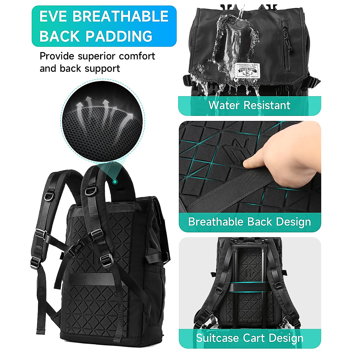 MOYYI Rolltop Backpack for Men Flap Rucksack Expandable Fits 17 inch Laptop Roll Top Backpack for Commute Travel Hiking Urban Black (3 in 1)