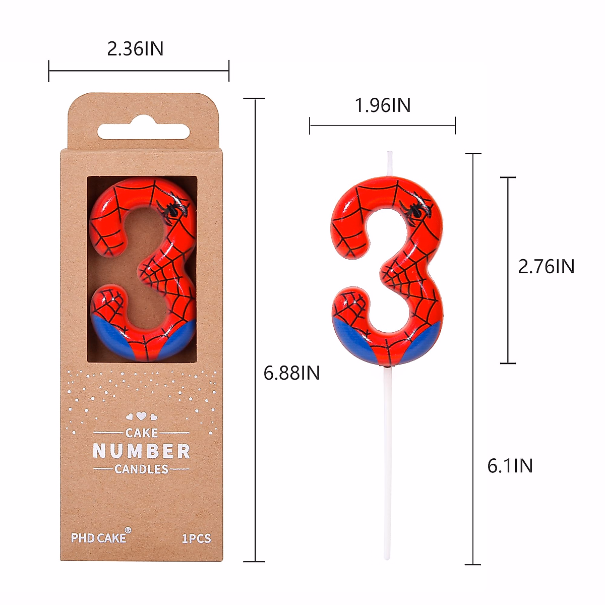 PHD CAKE 2.76 Inch Number 3 Spider Birthday Candles, Spider Cartoon Themed Number Candles, Cake Number Candles, Party Celebration