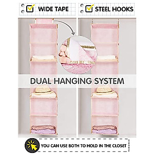 DAMAHOME Hanging Closet Organizer Storage - 6-Tier Collapsible Hanging Shelves with Sturdy Hooks, 4 Side Pockets, Foldable Sweater Organizer, For Closet/Kids/RV/ Camper/Dorm 12"W X 12"D X 48"H (Pink)