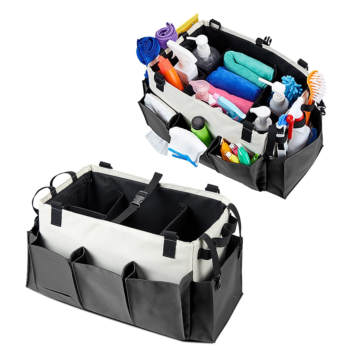 GudoInsole Large Wearable Cleaning Caddy Bag, Cleaning Supplies Organizer with 2 Foldable Dividers 2 Detachable Dividers Handle Shoulder and Waist Straps for Cleaners Housekeepers