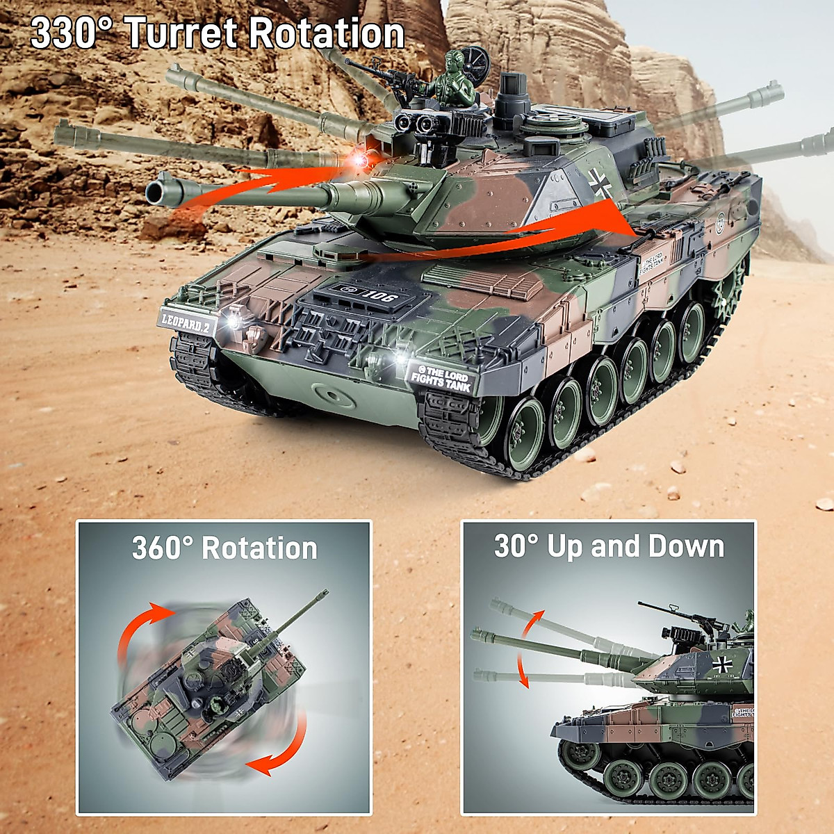 Supdex 1:18 RC Tank, 2.4Ghz German Leopard II Remote Control Tank Model Toys, Battle Army Tank 15 Channel with Smoke Light and Sound, Military Toy for Adults and Kids That Shoots BBS and Water Bombs