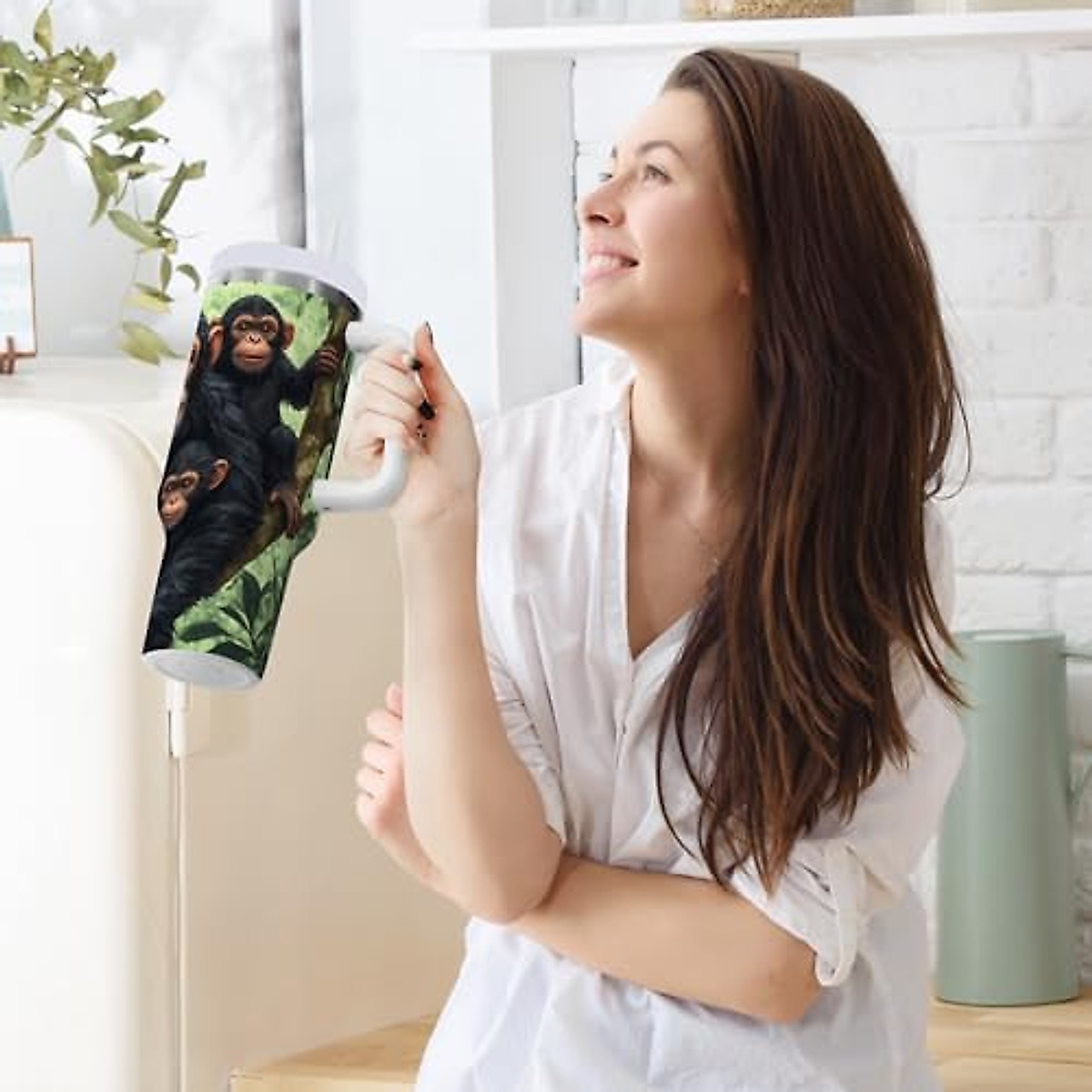 Nexawaveo Cold Cup Monkeys on Tree XL Insulated Tumbler with Handle Lid Straw 30-40 oz Reusable Cupholder Friendly Water Bottle