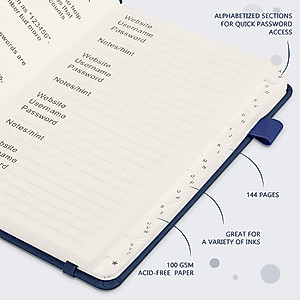 JUBTIC Password Book with Alphabetical Tabs. Medium Size Password Keeper Logbook for Internet Website Address Log in Detail. Hardcover Password Notebook & Organizer for Home Office, Navy Blue