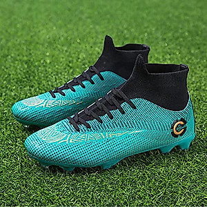 Men's Soccer Cleats Football Shoes Lightweight High-Tops Lace-Up Non-Slip Spikes Green EU 40