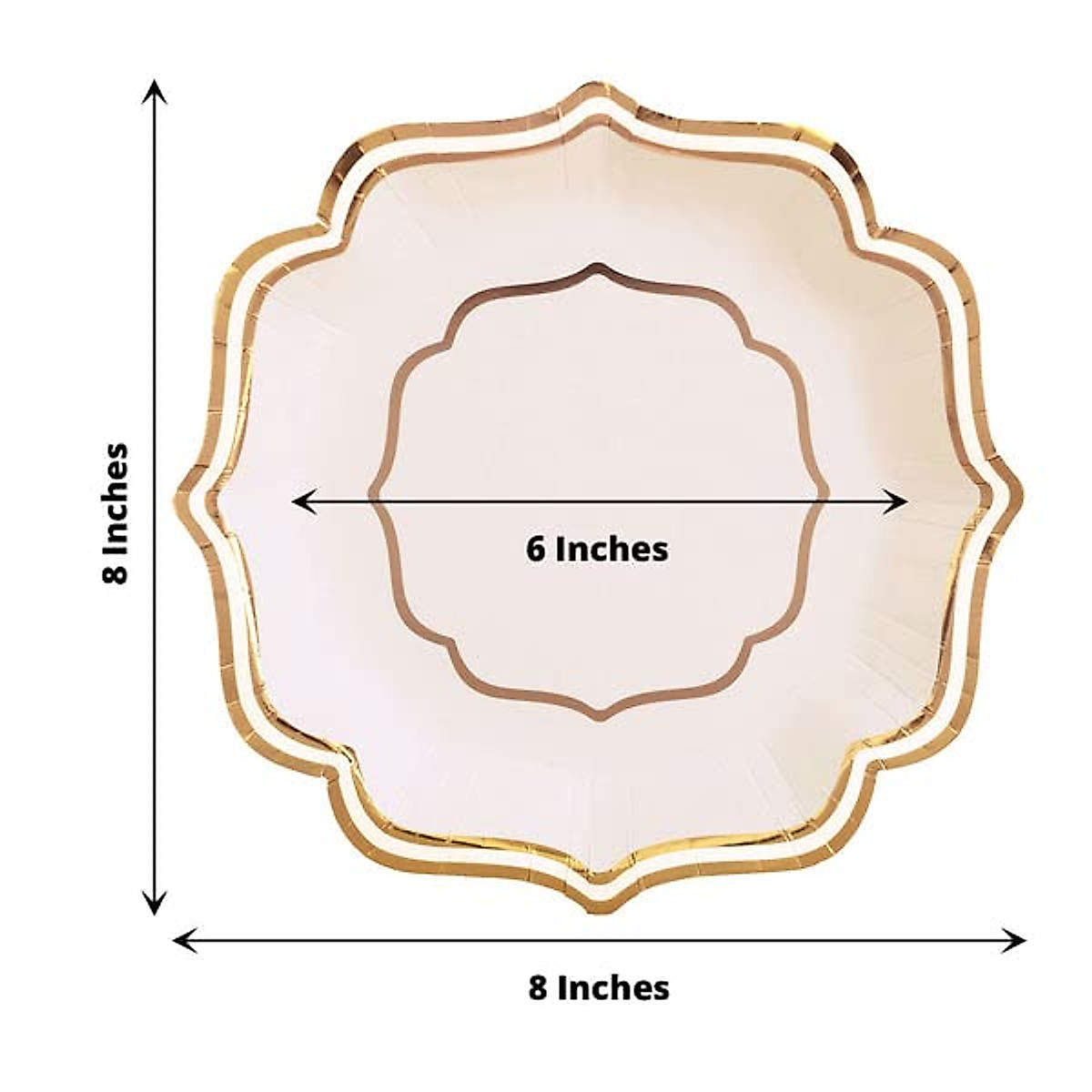Tableclothsfactory 25 Pack | White/Gold 8" Scallop Rim Dessert Party Paper Plates, Disposable Appetizer Salad Plates - 300 GSM