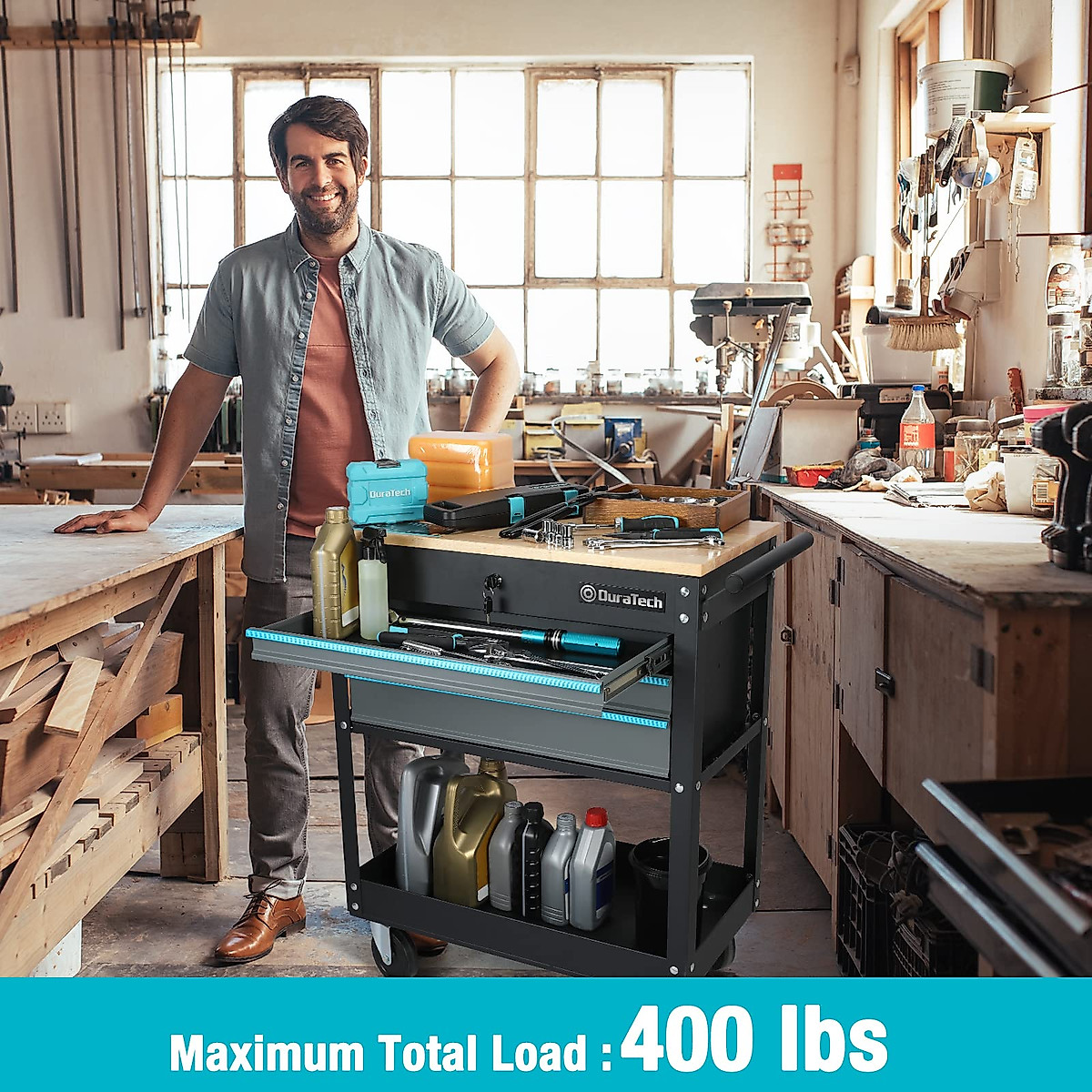 DURATECH 30-1/2 in 3-Drawer Rolling Tool Cart with Wood Top, Heavy Duty Storage Organizer Cabinet, Utility Industrial Service Cart with Casters and Locking System for Mechanics Warehouse Garage