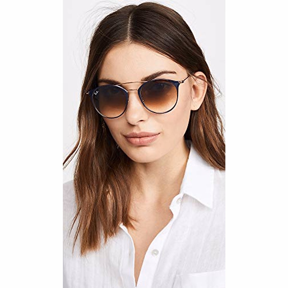 Ray-Ban RB3546 Round Sunglasses, Dark Blue On Copper/Clear Gradient Brown, 52 mm