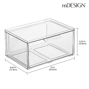 mDesign Plastic Wide Stackable Closet Storage Organizer Bin Containers with Front Pull Drawer for Cabinet, Desk, Shelf, Cupboard, or Dresser Organization - Lumiere Collection - 4 Pack - Clear