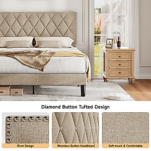 ONBRILL Queen Size Platform Bed Frame with Upholstered Headboard, Bed Frame with Button Tufted Adjustable Headboard, Bed Frame with Strong Wooden Slat, No Box Spring Needed, Noiseless, Beige