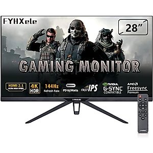 FYHXele 28" Gaming Monitor, 4K 144Hz Monitor, Fast IPS, 1ms, UHD 3840 * 2160 Computer Monitor with Remote, Free-sync, DSC, HDMI 2.1/2.0, DisplayPort 1.4, USB Type C, HDR400, VESA/Low Blue Light