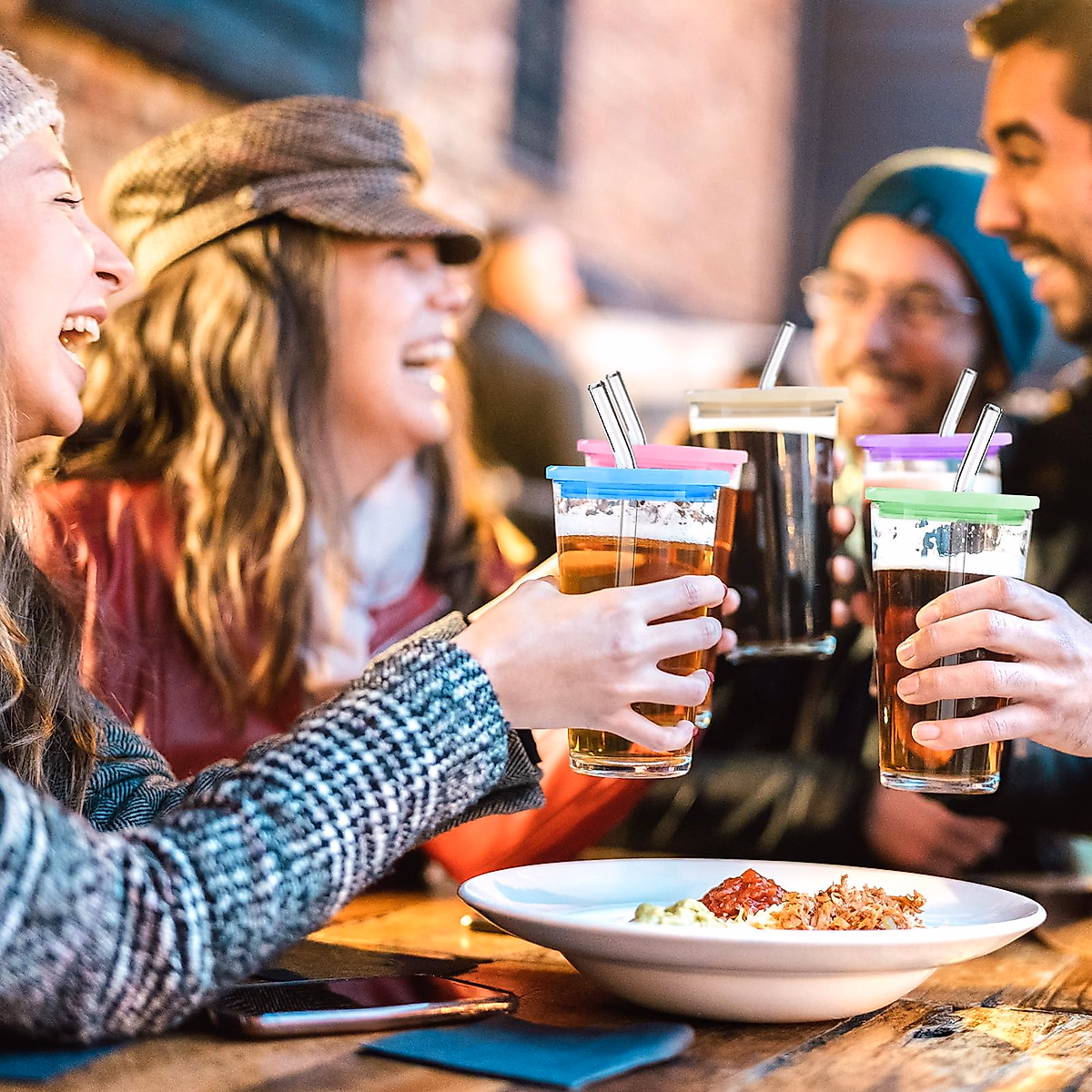 6 Pack Acrylic Lids for 16oz Glass Cups with Lids and Straws, Reusable Cups Replacement Covers Iced Coffee Cup/Beer Can Drinking Glasses with Bamboo Lids (Multicolor)