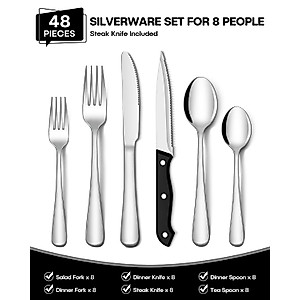 EUIRIO 48-Piece Silverware Set with Steak Knives, Heavy Duty Stainless Steel Flatware Set for 8, Food-Grade Tableware Cutlery Set, Utensil Sets for Home Restaurant, Mirror Finish, Dishwasher Safe