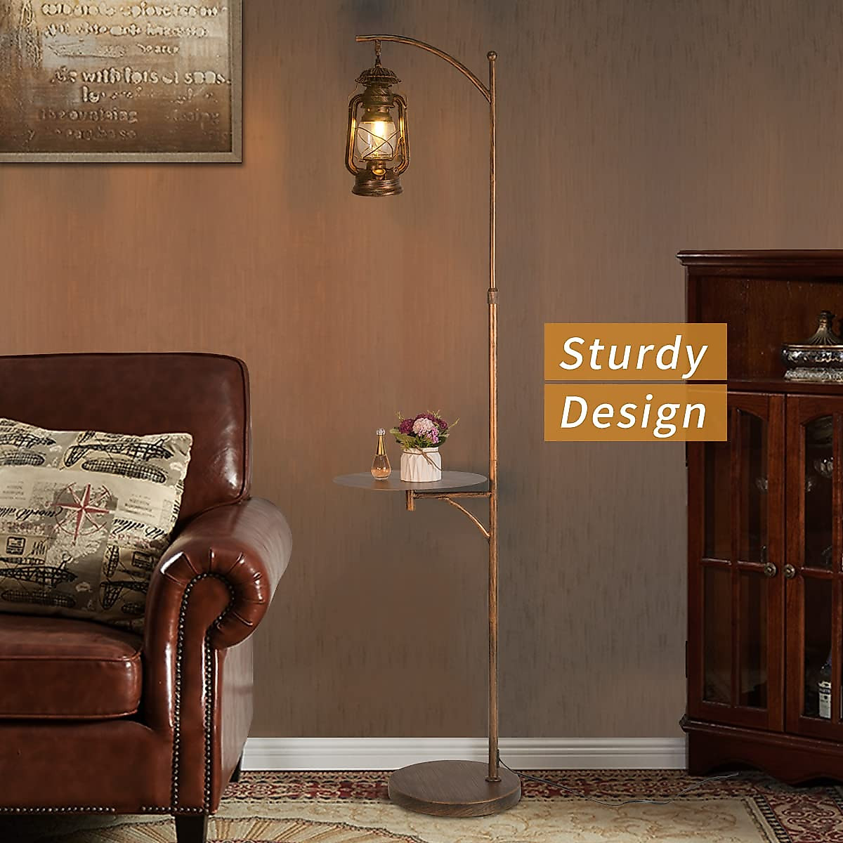 beaysyty Farmhouse Adjustable Floor Lamps with Tray Lantern Tall Standing lamp for Bedroom Home Decor for Office Cafe Den Living Room Bedroom, On/Off Foot Switch and Brushed Rustic (Red Copper)