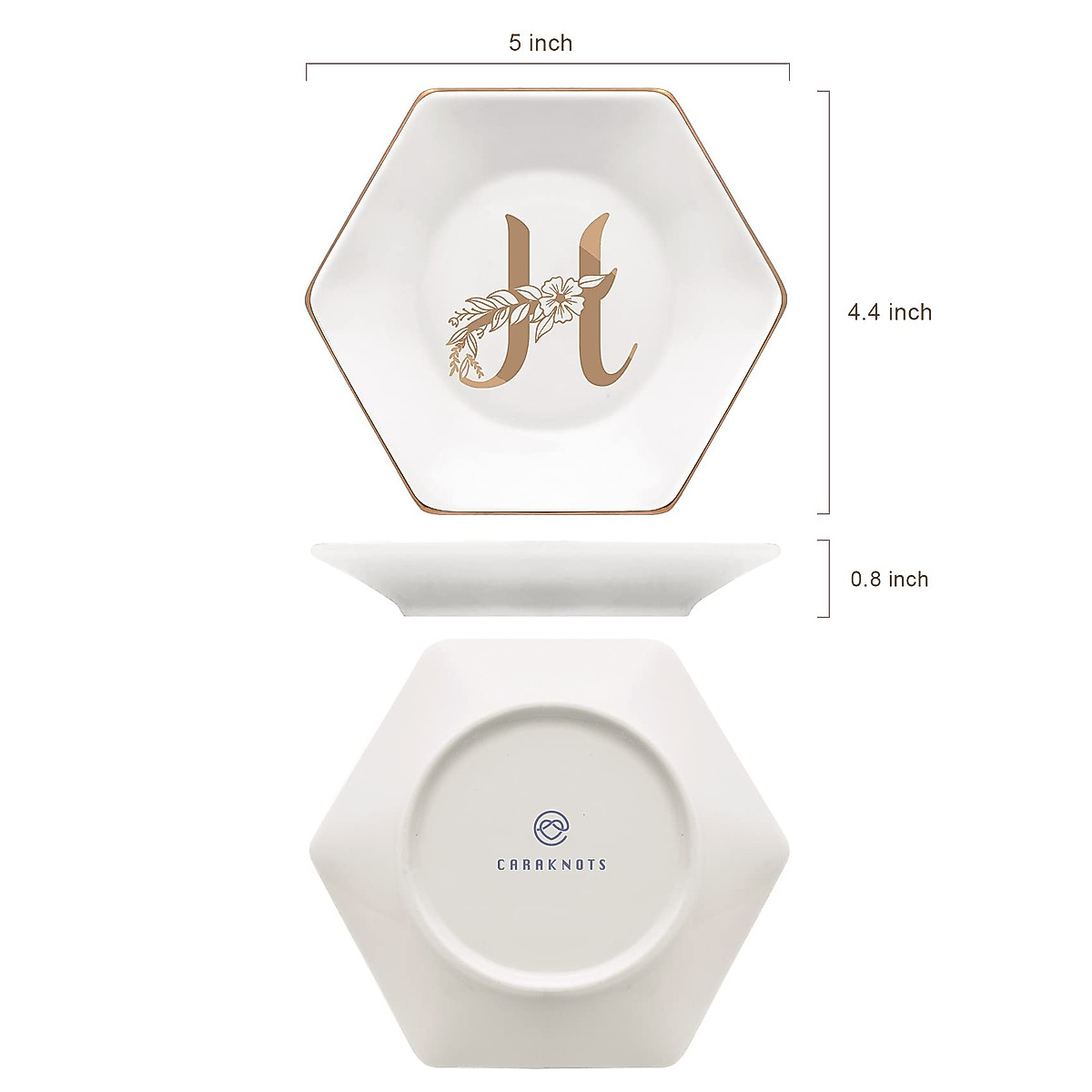 CARAKNOTS Jewelry Tray for Women Ceramic White Ring Dish Birthday Engagement Wedding Valentines Gifts for Her Jewelry Dish for Rings Earring Necklace Monogram Initial Decorative Trinket Plate Letter H