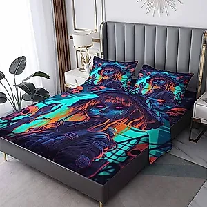 Halloween Sheets Full Size, Witch Skull Bed Sheets, Patterned Bedding Sheets & Pillowcases 4 Piece Set - Soft Microfiber Deep Pocket Fitted Sheet & Flat Sheet & 2 Pillow Cases L6-&-205