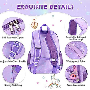Unineovo Girls Backpack, 17" School Kids Backpacks for Girls, Cute Unicorn Bookbag with Compartments for Elementary Middle School Girls Students(Purple)