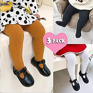 CECORC Baby Tights – Thick Toddlers Girl Leggings–Seamless Cable Knit Cotton Stockings – Infants Pantyhose 3 Pack, 0-6 Months, White+Black+Ginger