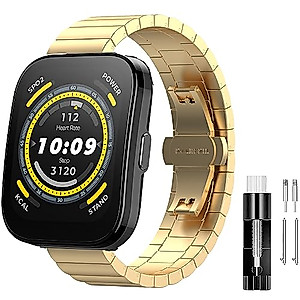 FitTurn Compatible with Amazfit Bip 5 Watch Band 22mm, Stainless Steel Metal Bands Straps Wristbands with Adjustment tool for Amazfit Bip 5 GPS Smart Watch Men Women (Gold)
