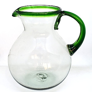 MexHandcraft Emerald Green Rim 120 oz Large Bola Pitcher, Recycled Glass, Lead-free, Toxin-Free (Pitcher)