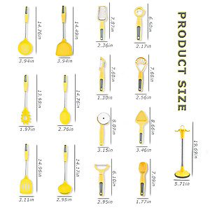 Cooking Utensils Set, 15PC Silicone Kitchen Utensils with Stand, 446℉ Heat-resistant Spatula Set with Stainless Steel Handles for Nonstick Cookware, Kitchen Tools Set for Home Kitchen (Yellow)