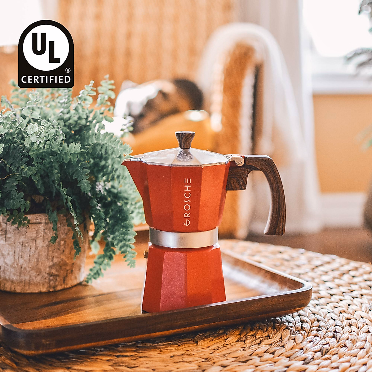 GROSCHE Milano Stove top espresso maker (3 espresso cup size 5 oz) Red, and battery operated milk frother bundle for lattes