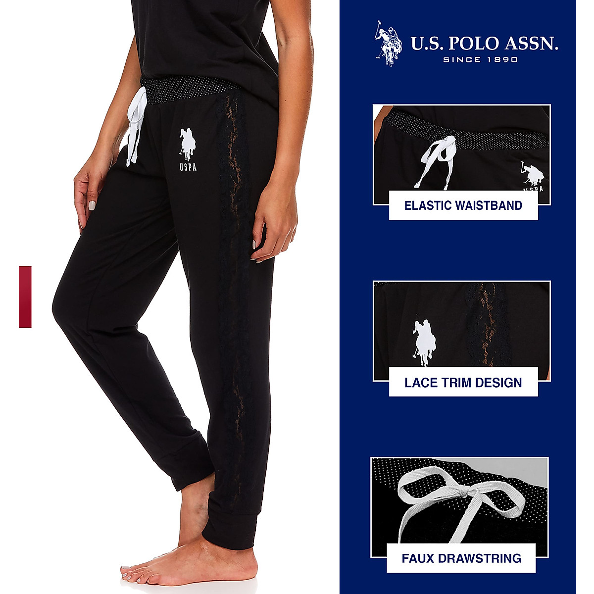 U.S. Polo Assn. Womens Pajamas - Short Sleeve PJs with Jogger Pajama Pants (Black, Large)