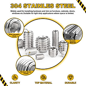 TOTFSTNR 230Pcs 304 Stainless Steel Socket Set Screws Assortment Kit, M3 M4 M5 M6 M8 Grub Screws with Hexagon Socket, Hex Allen Head Screw Set Kit for Door Handles, Light Fixture (Metric)