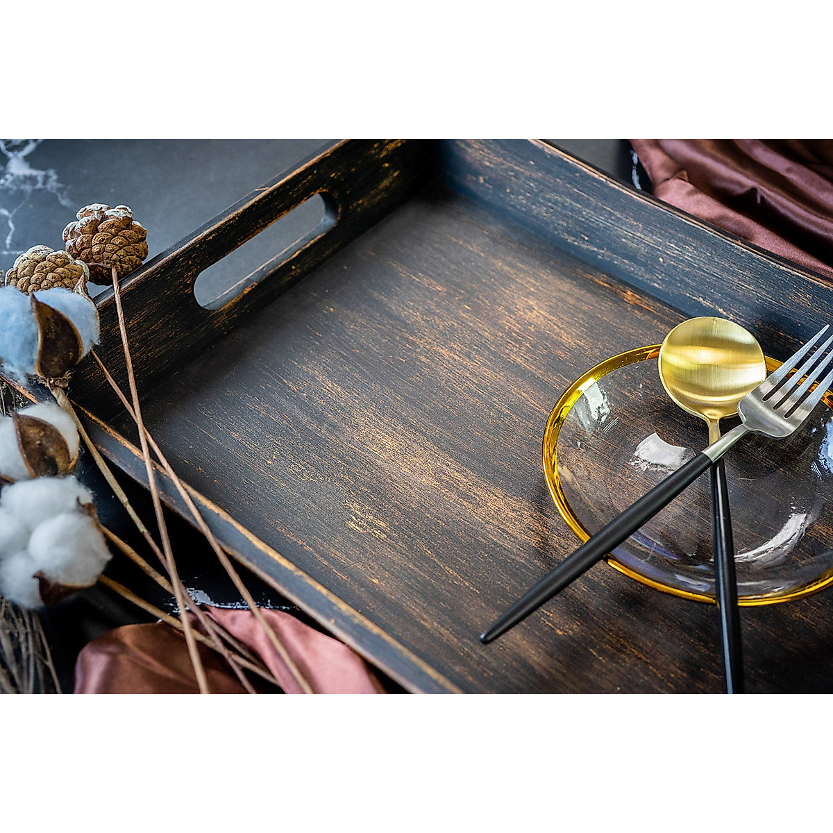 EZDC Wooden Tray, Coffee Table Tray, Ottoman Tray Dark Brown 16 x 12” Modern Aesthetic Decorative Serving Tray with Handles for Drinks and Food