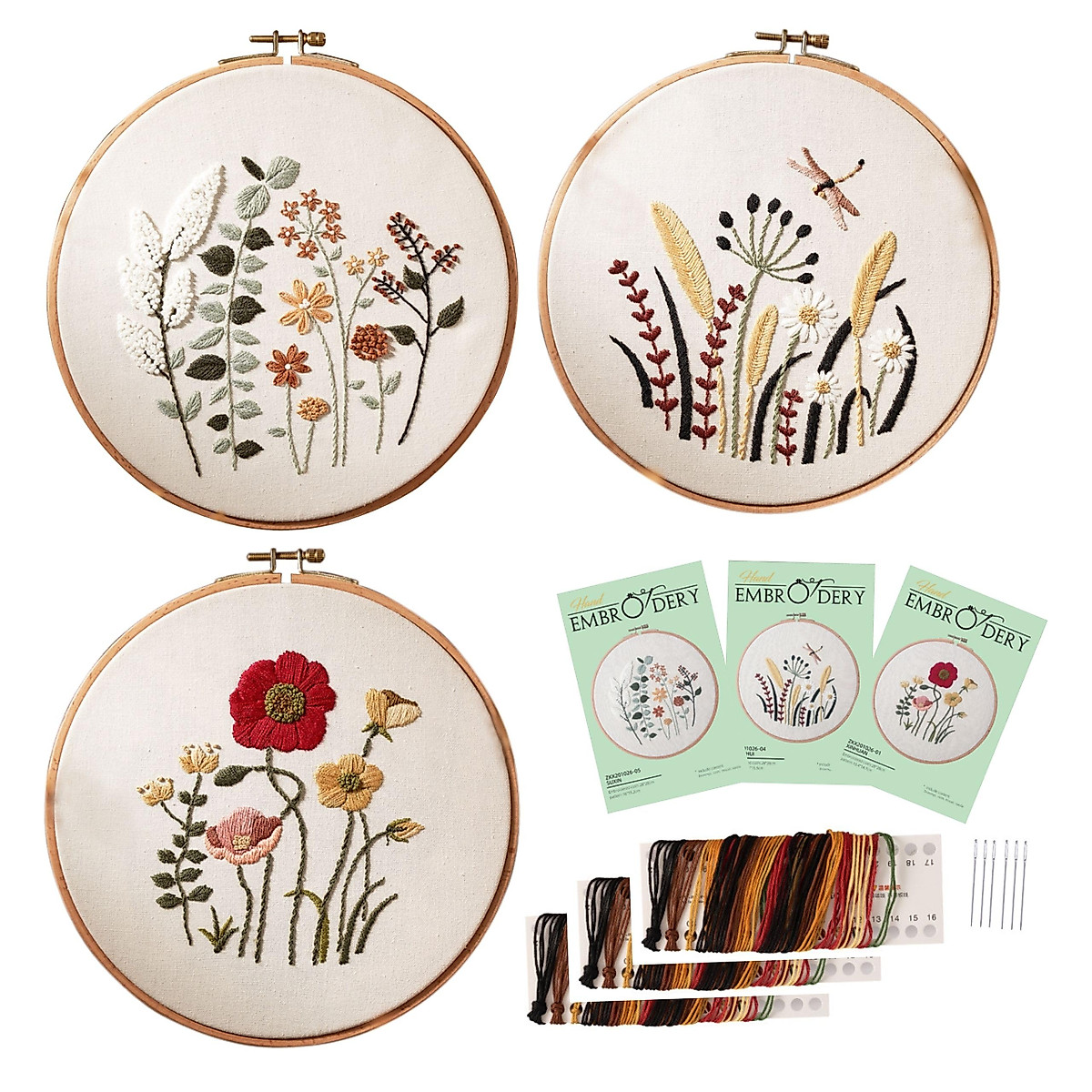 Embroidery Starter Kit Beginners- 3 Pack Cross Stitch Kits with Cute Flowers and Plants Patterns with Embroidery Hoop and Color Threads for Adults Kids
