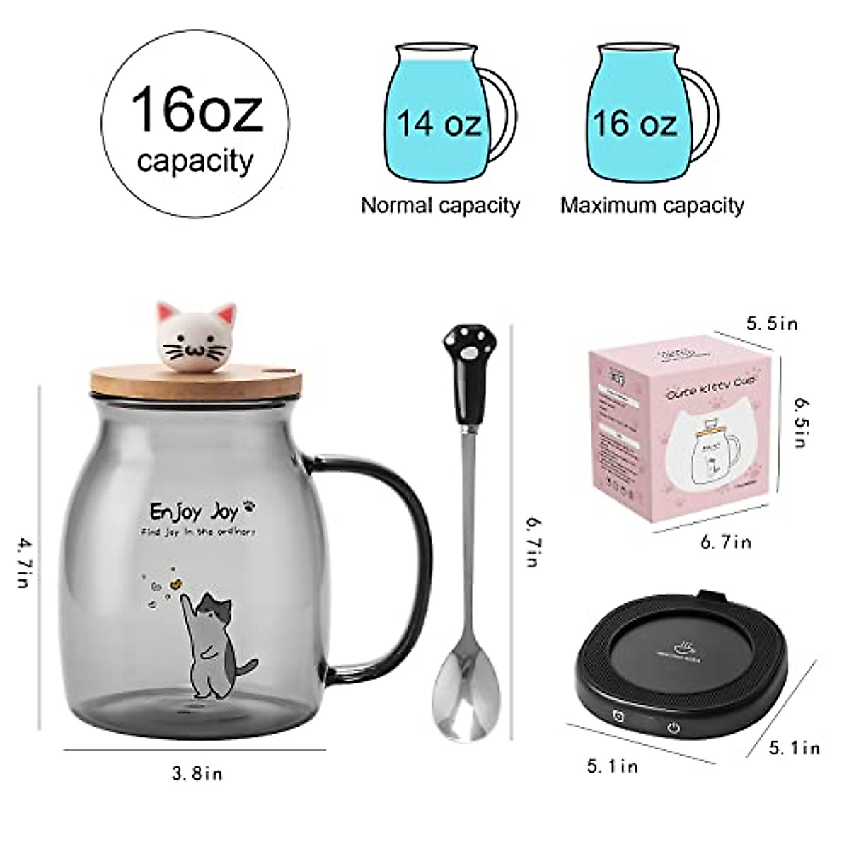 Bsigo Smart Coffee Mug Warmer & Cute Cat Glass Mug Set, Beverage Warmer for Desk Office, Cup Warmer Plate for Milk Tea Water with Time & Temperature Setting(Up to 140℉/ 60℃), 8H Auto Shut Off, Grey