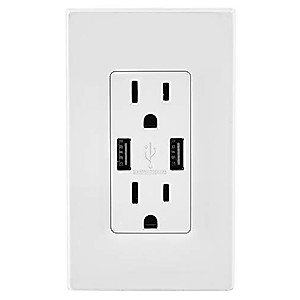 Leviton T5632-BW R02-T5632-0Bw 2-Port Combination Duplex Receptacle with USB Charger, 125 Vac, 15 A, 2 Pole, 3 Wire, White