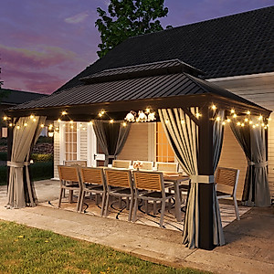 Aoxun 12' x 16' Permanent Hardtop Gazebo with Galvanized Steel Double Roof and Aluminum Frames Outdoor Large Pavilion Gazebo for Patio Deck Garden, Nettings and Curtains Included, Gray