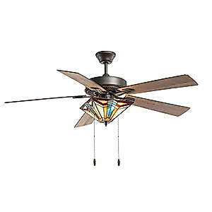RIVER OF GOODS Tiffany-Style Stained Glass Ceiling Fan - 52" L x 52" W - Rich Barnwood/Light Driftwood Fan Blades