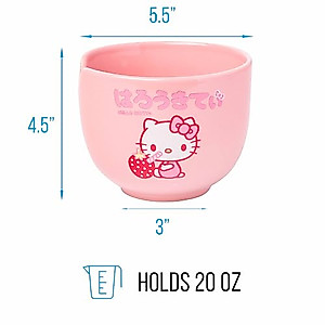 Silver Buffalo Sanrio Hello Kitty Strawberry Milk Japanese Character Ceramic Ramen Rice Bowl with Chopsticks, 20 Ounces, Pink