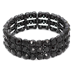 Lavencious Round Shape Rhinestone 3 Lines Stretch Bracelet Evening Party Jewelry 7” (Jet Black)