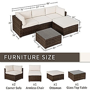 SUNBURY 5-Pieces Outdoor Furniture Set, All-Weather Wicker Patio Conversation Sets Sectional Sofa w 3 Pillows, Cushions, Coffee Table, Ottoman, Patio Furniture Set for Backyard Garden Pool (Off-White)