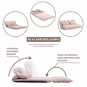 Floor Sofa, Merax Foldable Lazy Sofa Sleeper Bed with 2 Pillows, Adjustable Lounge Sofa Gaming Sofa Floor Couches 5-Position for Bedroom, Living Room, and Balcony, Beige