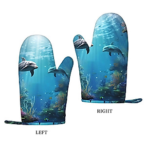 Blue Ocean Underwater Fish Printed Oven Mitts Heat Resistant Oven Gloves Non-Slip Silicone Kitchen Gloves for Cooking Baking BBQ Gloves 1 Pair