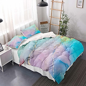 Jingzhang Marble Duvet Cover Sets 2Pcs，Elegant Blue Pink Marble Bedding Sets with Zipper Fresh Art Blue Pink Marble Microfiber Duvet Sets with 1 Pillow Sham,Twin Size