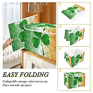 Kigai Saint Patrick Clover Green Shamrock Storage Basket with Lid Collapsible Storage Bin Fabric Box Closet Organizer for Home Bedroom Office 1 Pack